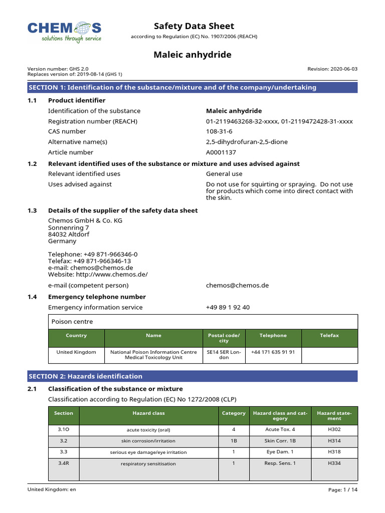 Safety Data Sheet Maleic Anhydride: SECTION 1: Identification of The ...