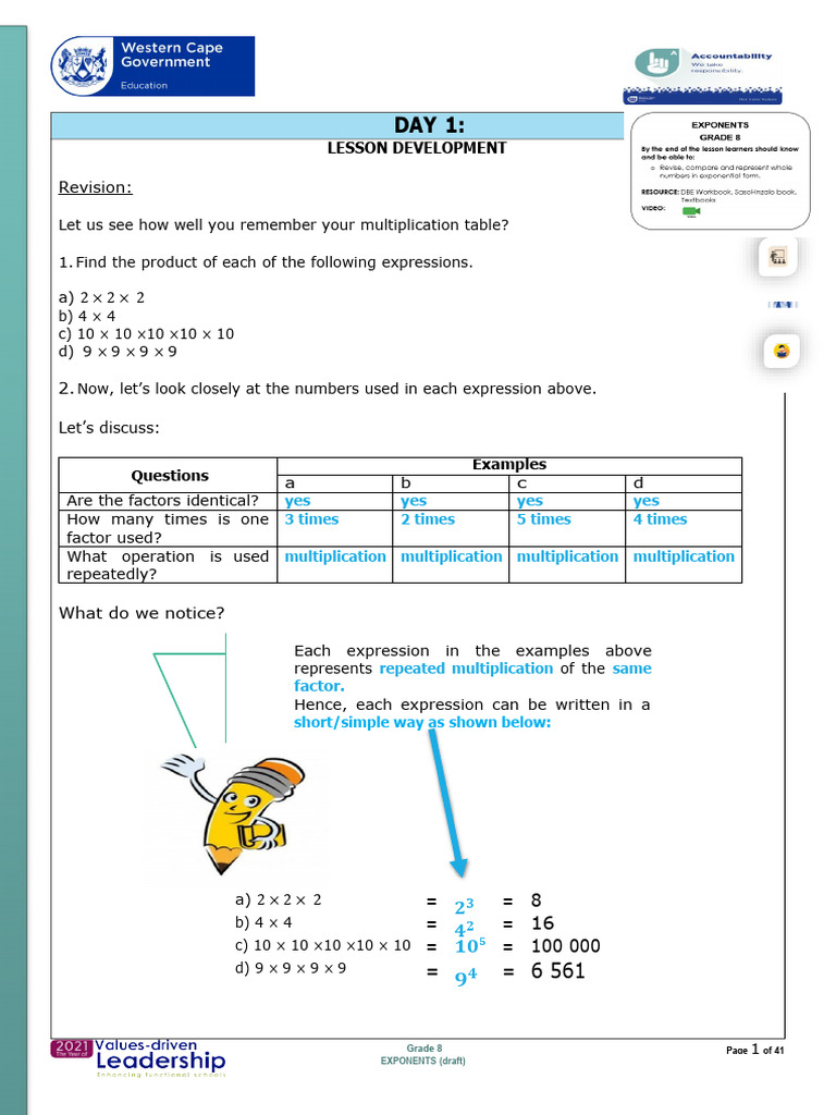 Lessons GR 8 Mathematics Exponents | PDF | Exponentiation | Multiplication