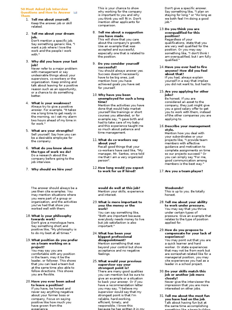 50 Most Asked Job Interview Questions and How To Answer Them | PDF ...