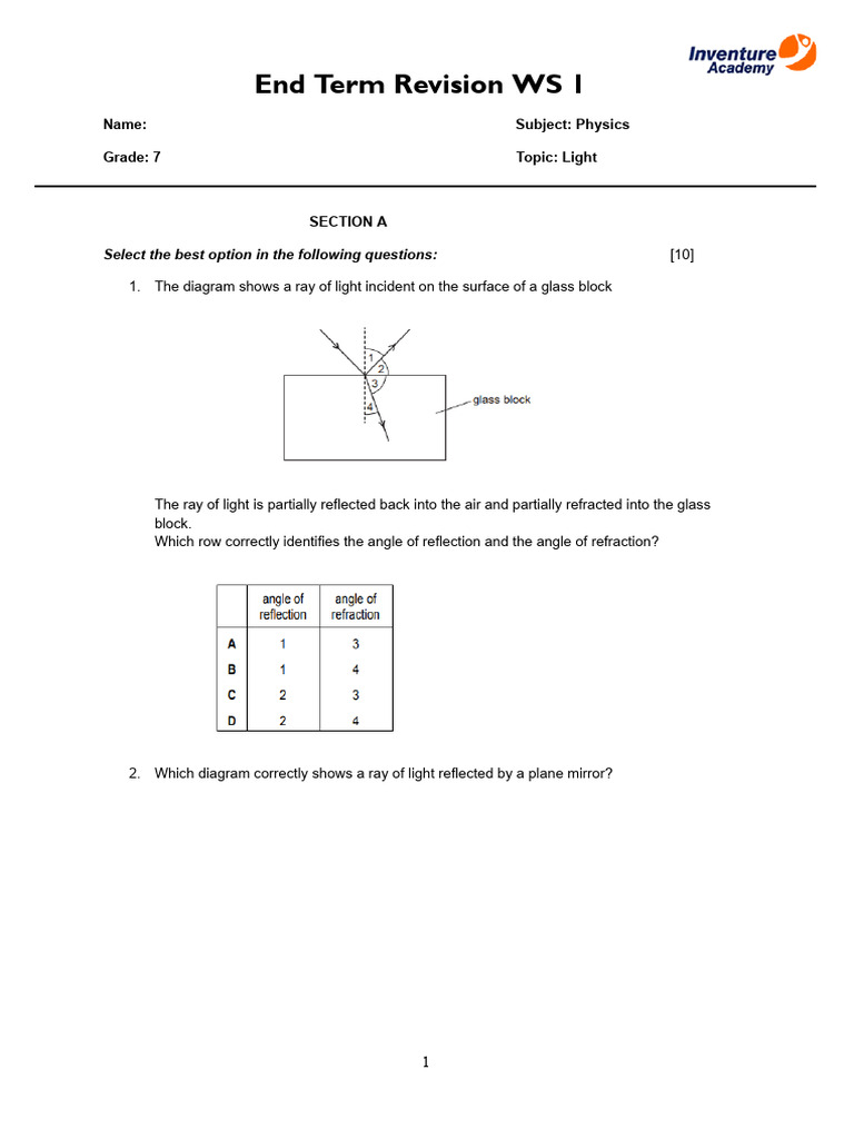 Revision WS 1 - Grade 7 | PDF | Reflection (Physics) | Mirror