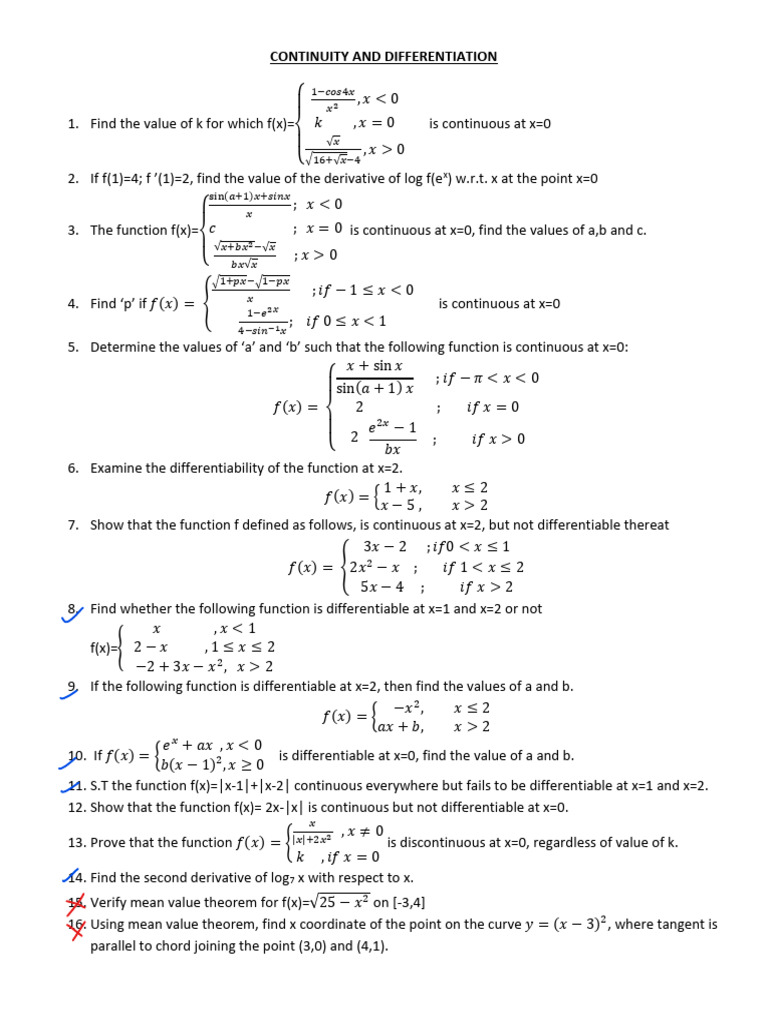 Continuity and Differentiation-Extra Questions | PDF | Mathematical Analysis | Functions And ...