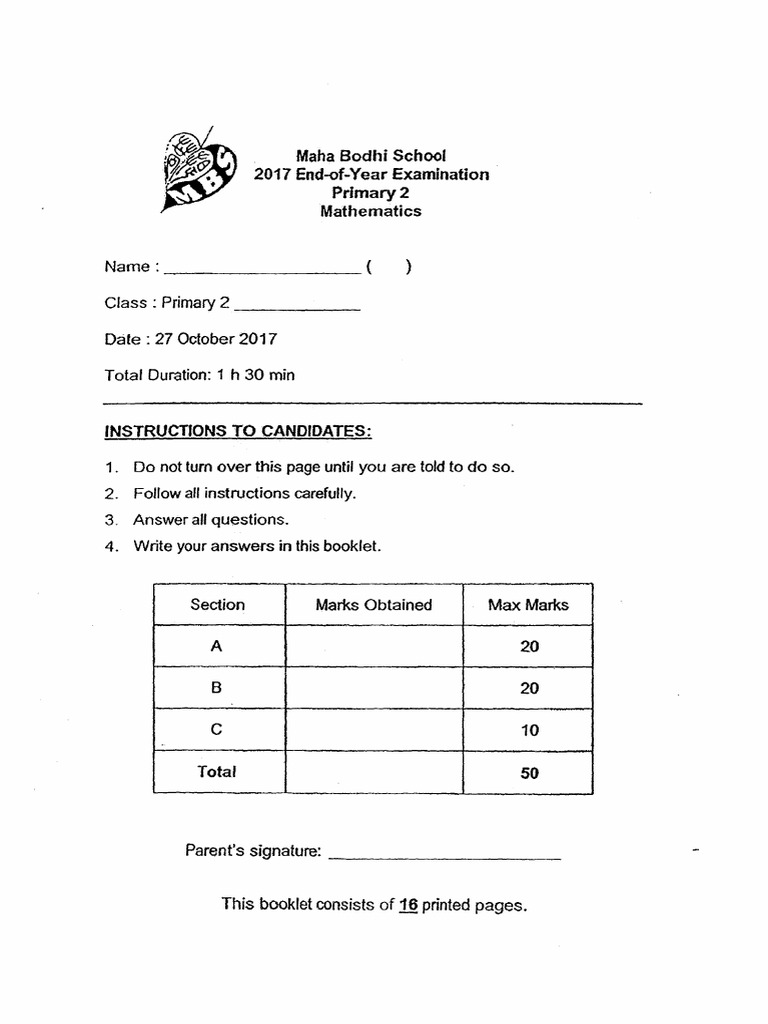 P2 Maths SA2 2017 Maha Bodhi Exam Papers | PDF