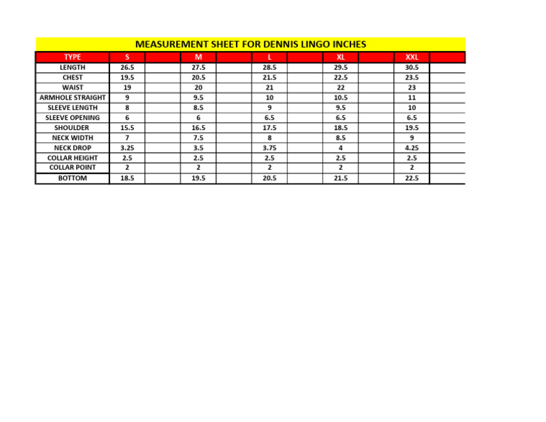 Dennis Lingo Size Measurement Chart | PDF