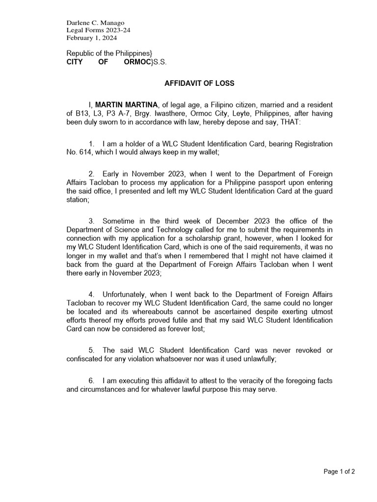 Affidavit of Loss of A School Id | PDF | Identity Document | Affidavit