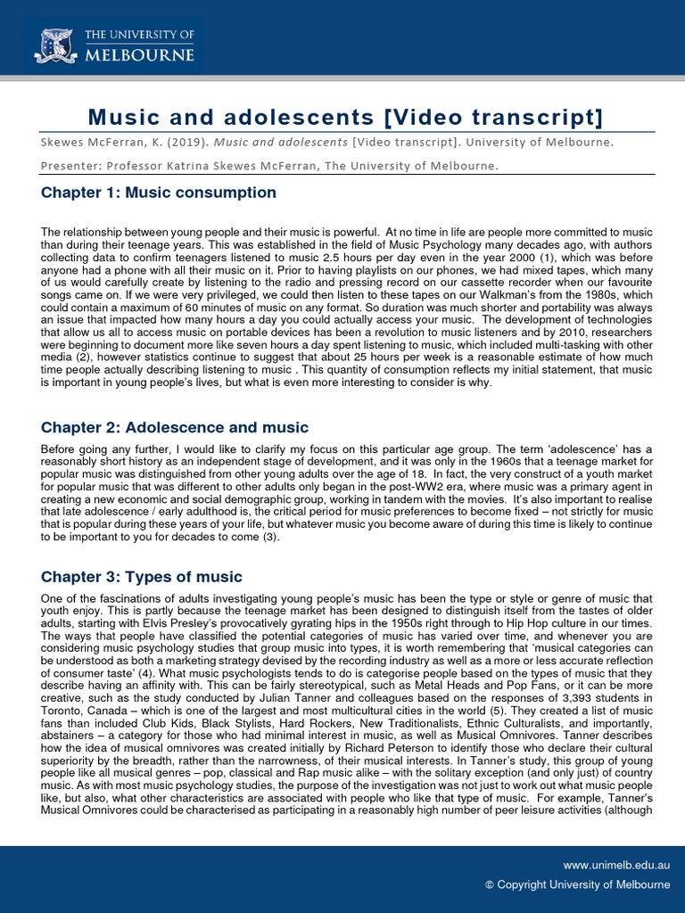 MUSI20149 Music and Adolescents - Video Transcript | PDF | Adolescence ...