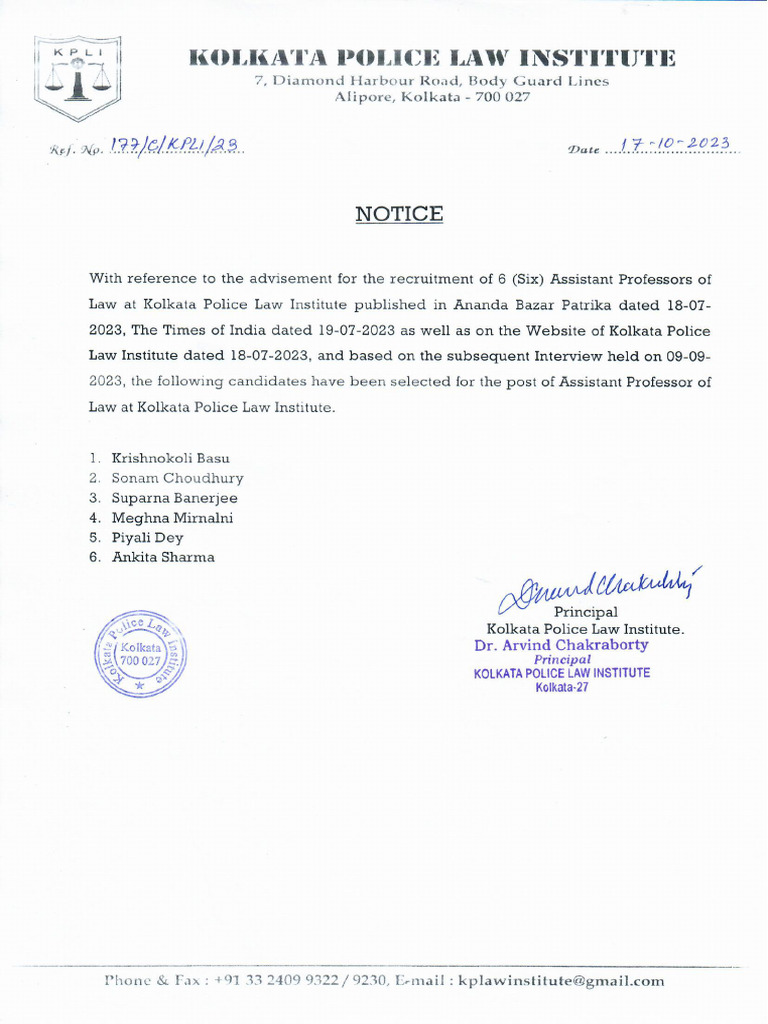 Selected Candidates List For Assistant Professor of Law at KPLI | PDF