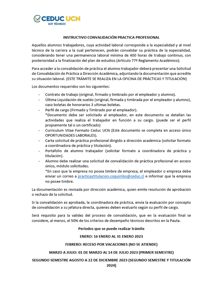 Información Convalidación de Práctica Profesional Alumnos Trabajadores (1) | PDF