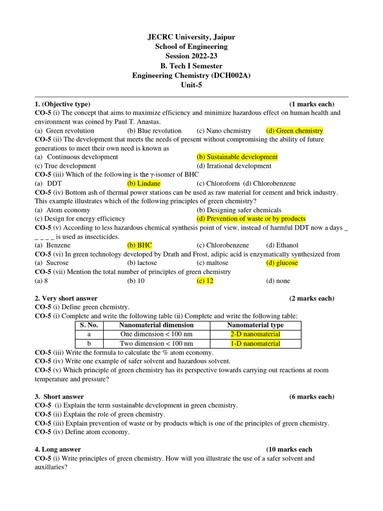 Green Chemistry Questions | PDF | Green Chemistry | Chemistry