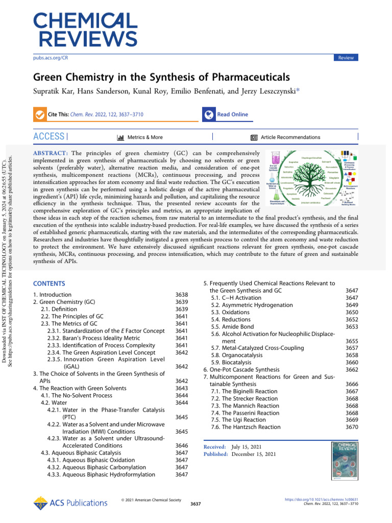 Kar Et Al 2021 Green Chemistry in The Synthesis of Pharmaceuticals 1 ...