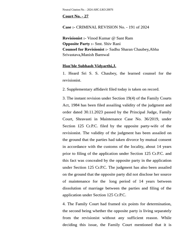 Vinod Kumar Sant Ram Vs Shiv Rani 2024 Livelaw Ab 148 Allahabad High Court 527244 | PDF | Public ...