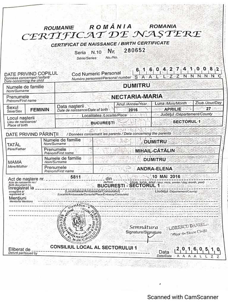 Certificat de Nastere Dumitru Nectaria | PDF