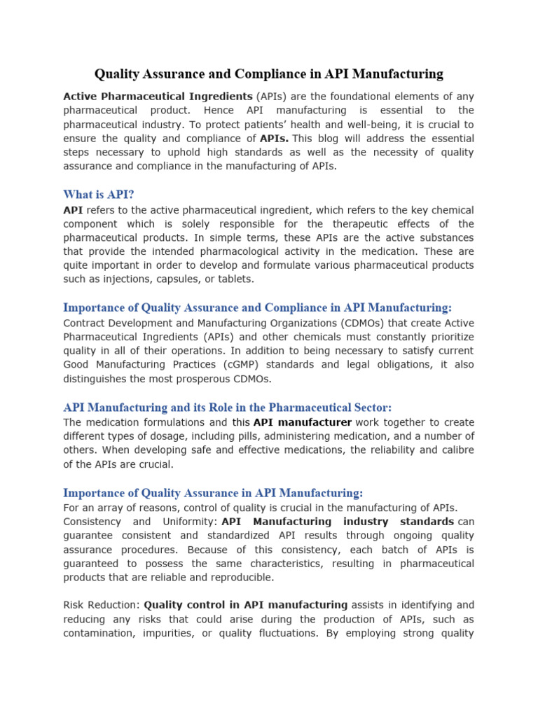 API Quality Assurance in Manufacturing | PDF | Audit | Quality Assurance
