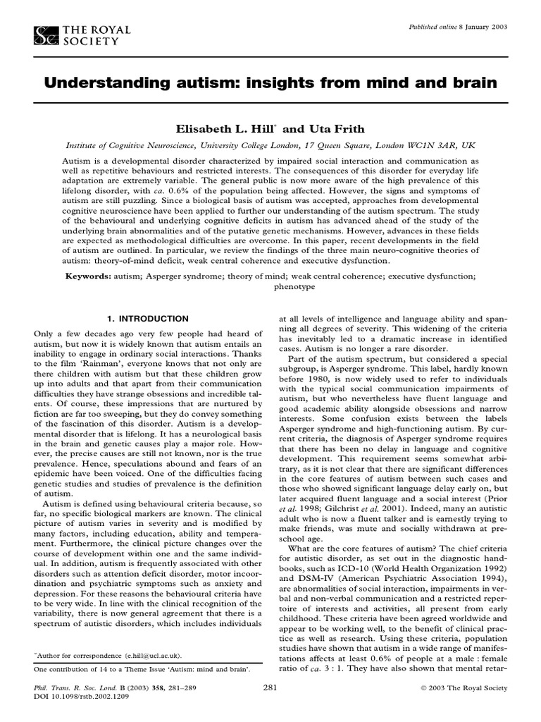 Understanding Autism: Insights From Mind and Brain: Elisabeth L. Hill ...