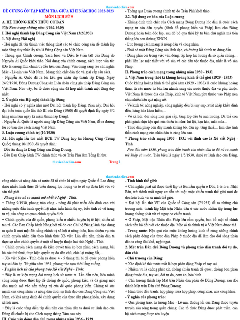 De Cuong On Tap Lich Su 9 Giua HK2 | PDF