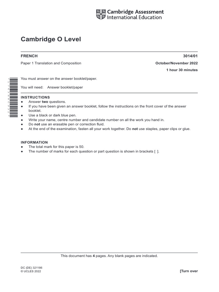 Cambridge O Level: French 3014/01 | PDF