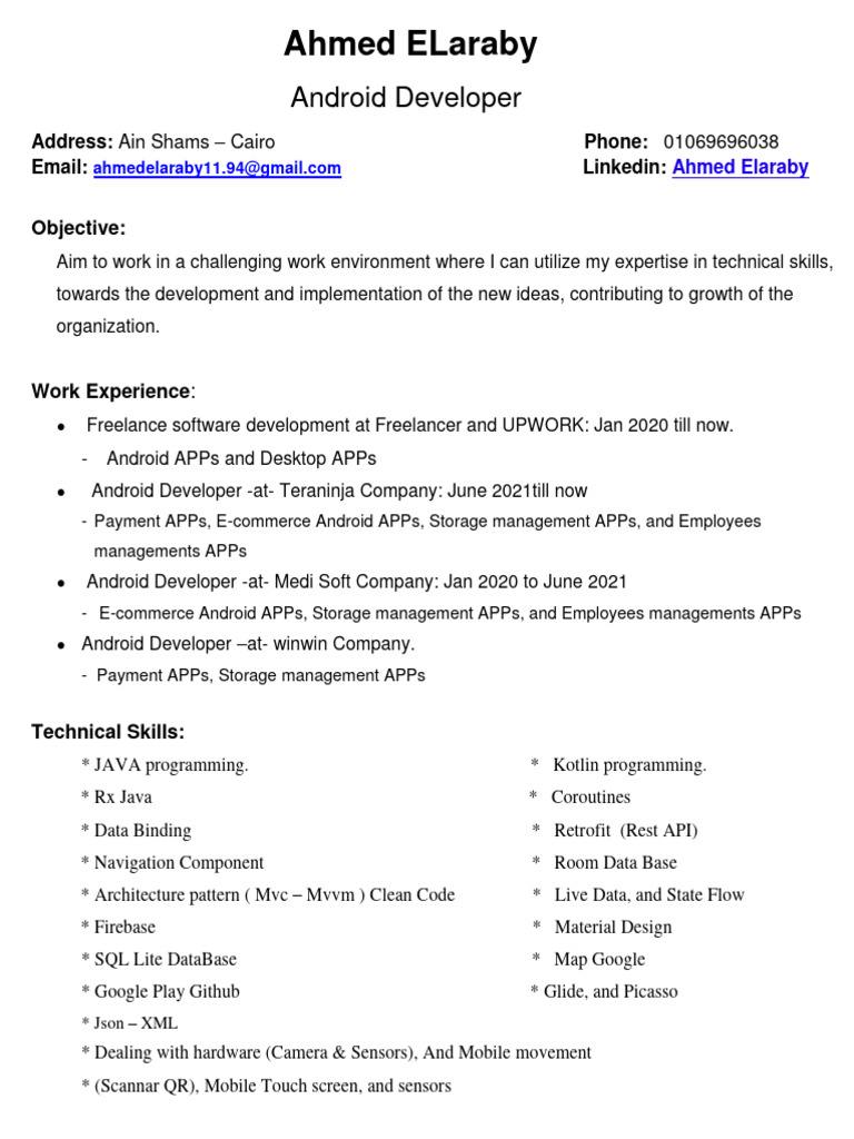 Android Developer Resume | PDF | Android (Operating System) | Mobile App