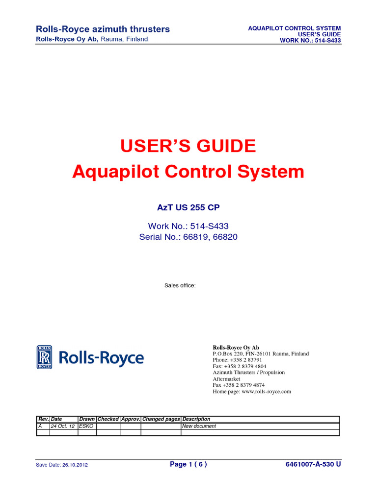 Roll-Royce AzT US255 CP Aquapilot Control System User's Guide Serial No ...