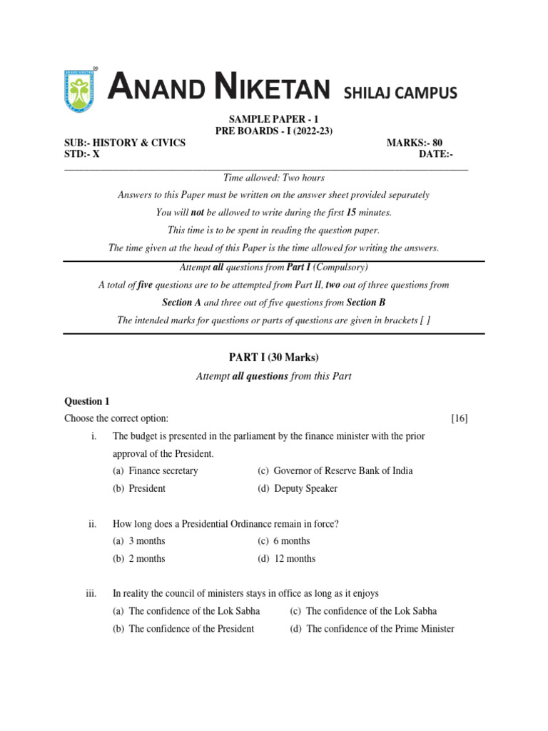 Pre Boards - Sample Paper 1 | PDF | Government | Public Law