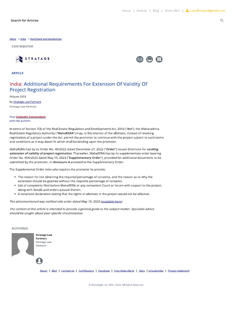 RERA - Additional Requirements For Extension of Validity | PDF