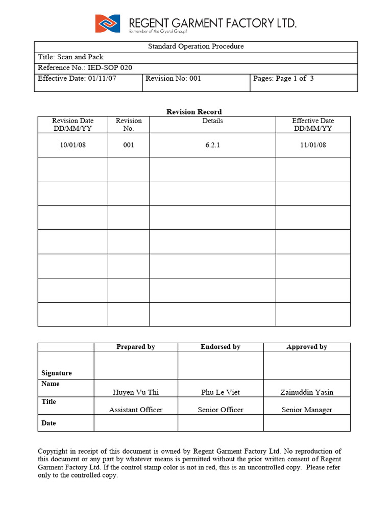 Regent Garment - IED-SOP 020 Scan & Pack | PDF