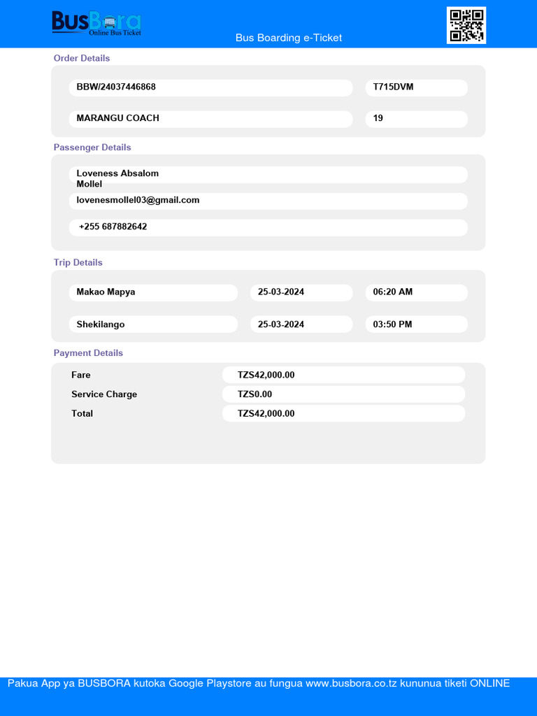 Bus Ticket Details for Marangu Coach | PDF