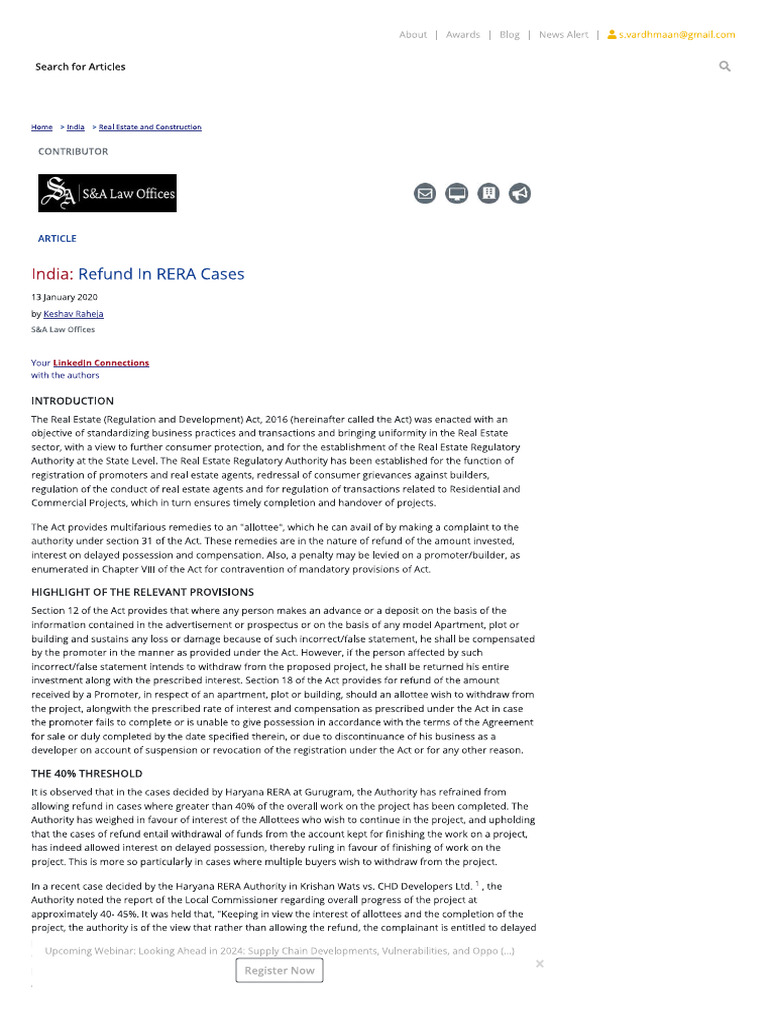 RERA - Refund in RERA Cases | PDF