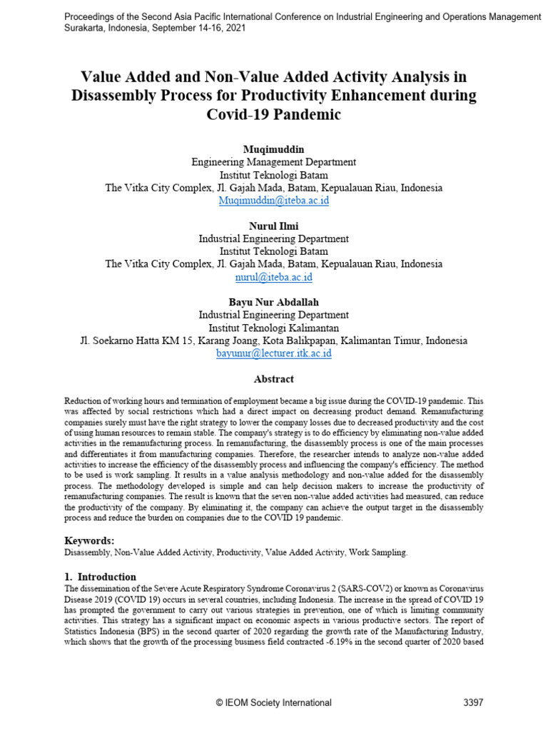 Value Added and Non-Value Added Activity Analysis in Disassembly ...