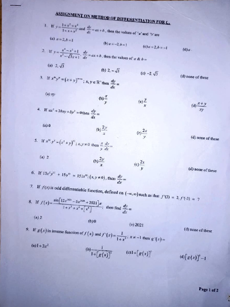 Assignment On Differentiation 1 | Download Free PDF | Mathematical Analysis | Mathematical Objects