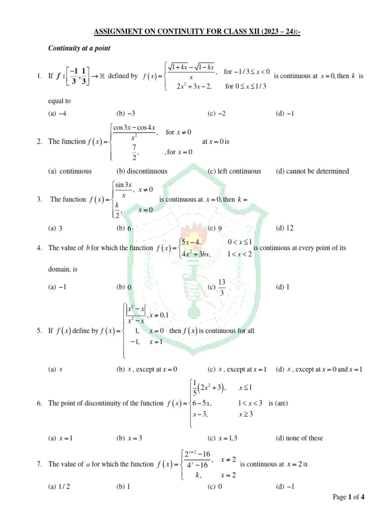 Assignment On Continuity For Class Xii 2023 24 Pdf