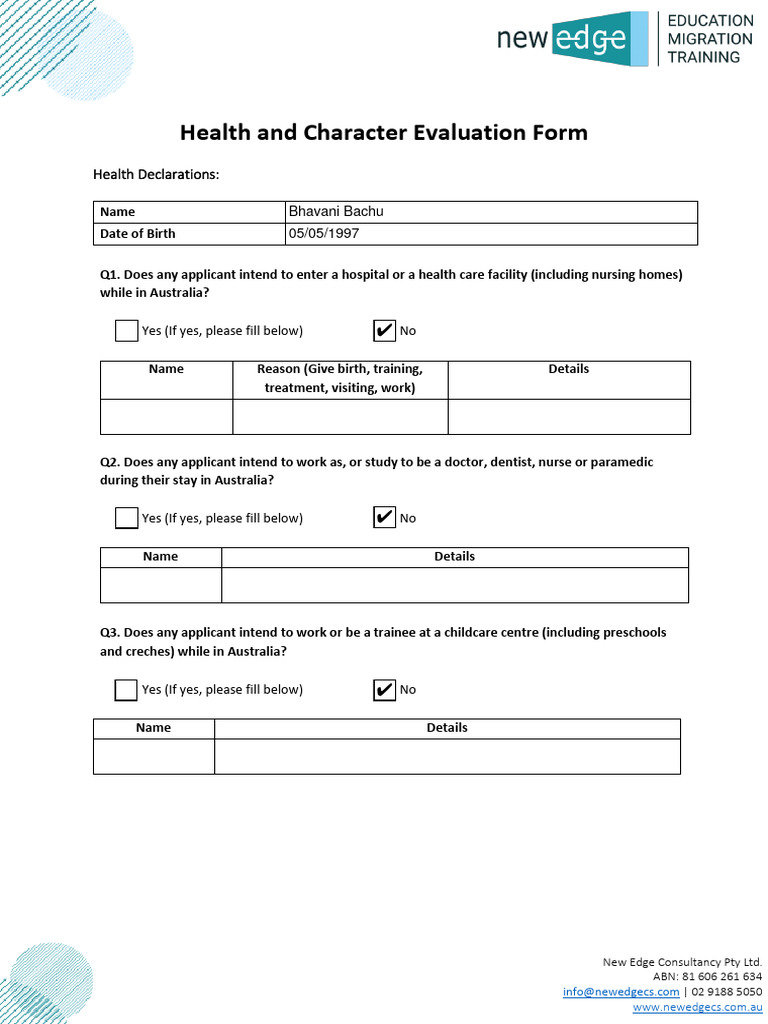 BB Declaration Form (Visa, Health & Character) | PDF | Travel Visa ...