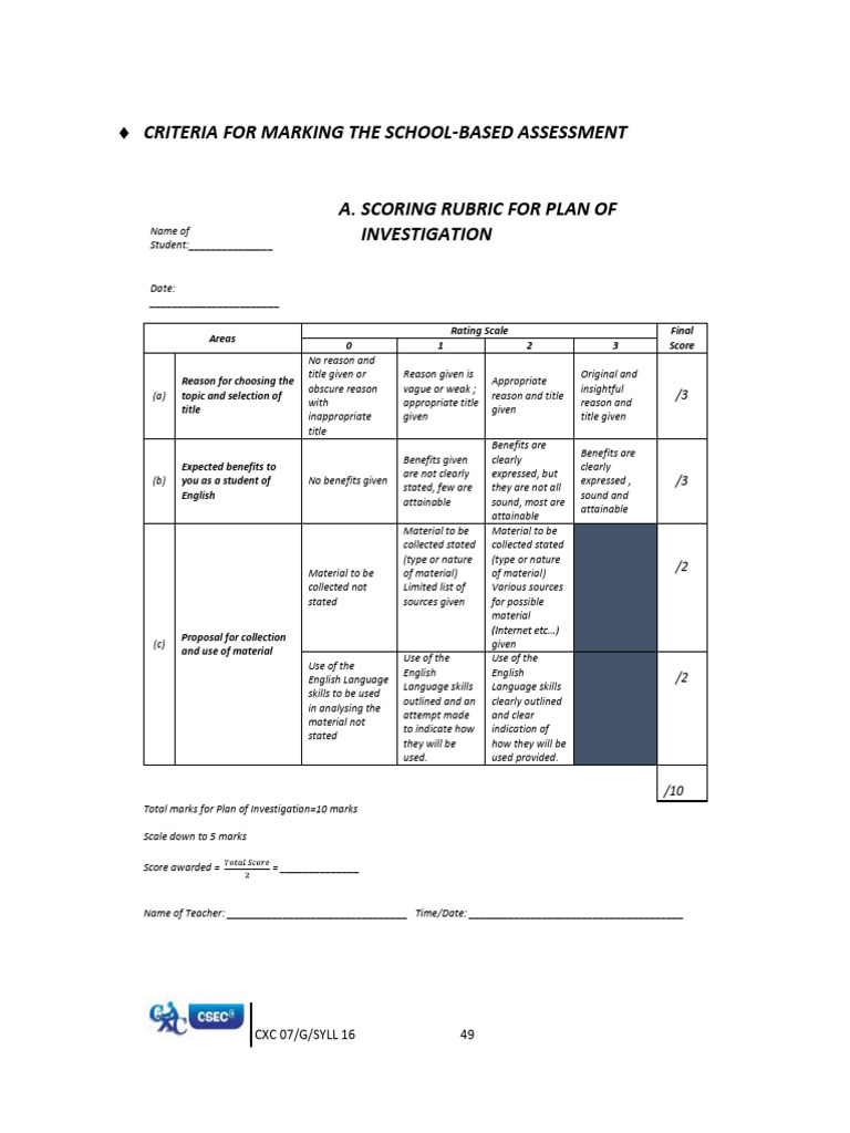 Csec English Sba Rubric (Mark Scheme) | PDF | Rubric (Academic) | Vocabulary