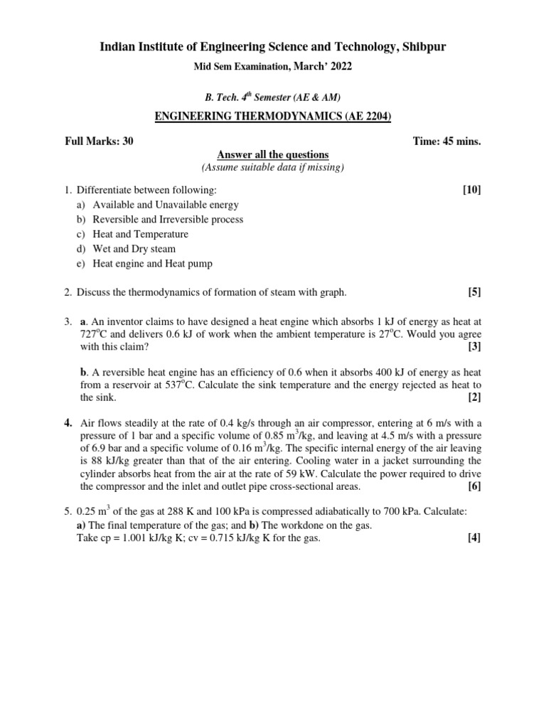 ENGG THERMO_MID SEM'22 | PDF