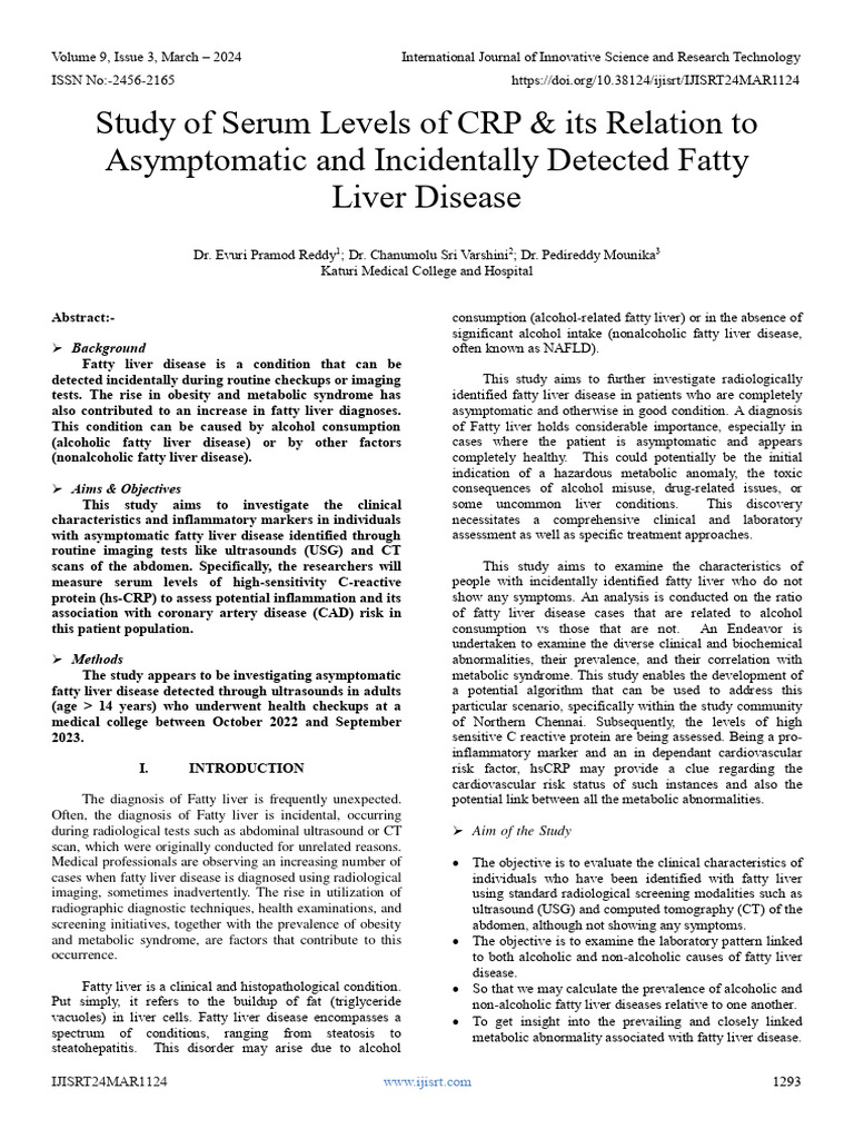 Study of Serum Levels of CRP & Its Relation To Asymptomatic and Incidentally Detected Fatty ...