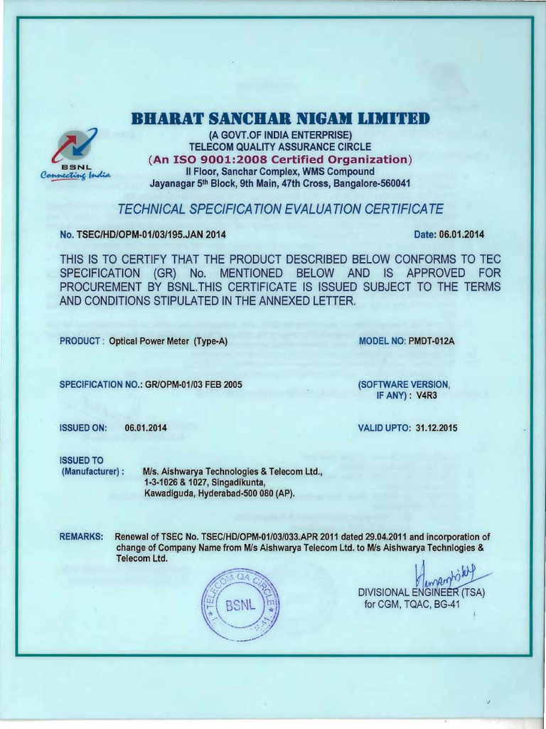 Tec Approval For Optical Power Meter Type-A - Valid Till 31.12.2015 ...