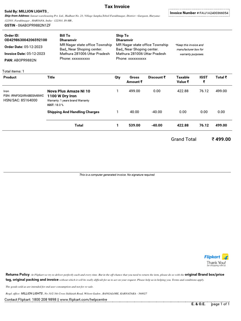 Invoice for Nova Plus Amaze NI 10 Iron | PDF | Taxation | Economies