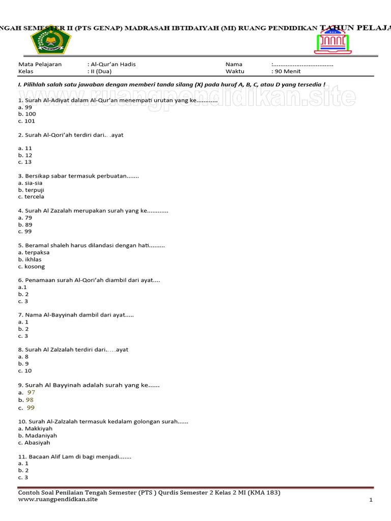 Soal PTS Qurdis Kelas 2 MI Semester 2 | PDF