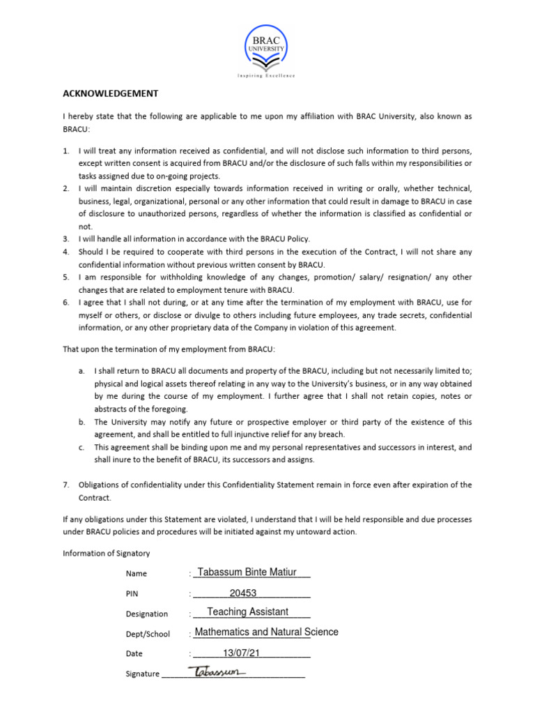 Acknowledgement | PDF | Confidentiality | Employment