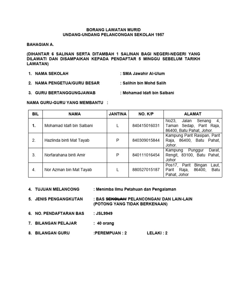 Format Permohonan Lawatan Bas 1 | PDF