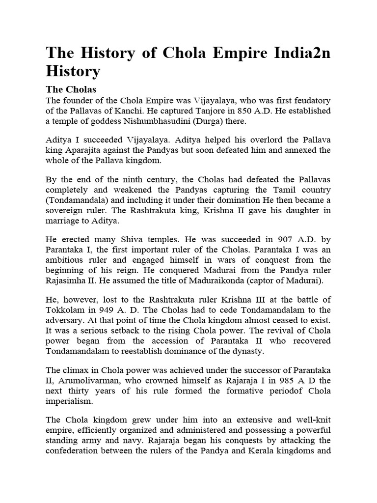 The History of Chola Empire English | PDF