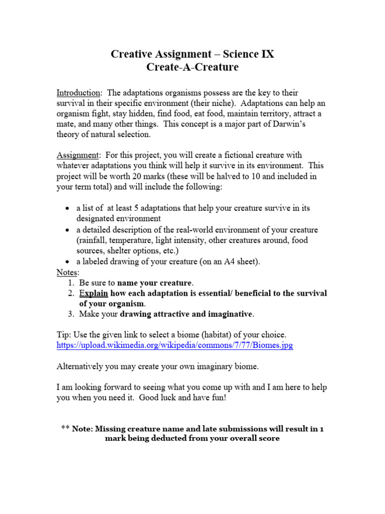 Create-a-Creature Adaptation Assignment Instructions | PDF