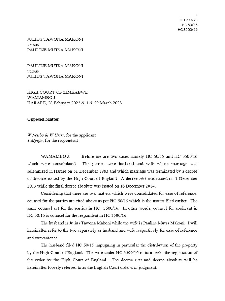 Makoni V Makoni (222 of 2023) 2023 ZWHHC 322 (29 March 2023) | PDF ...