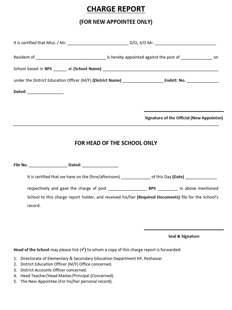 Charge Report For Newly Appointed Teachers in ESED KP (Prepared by ...