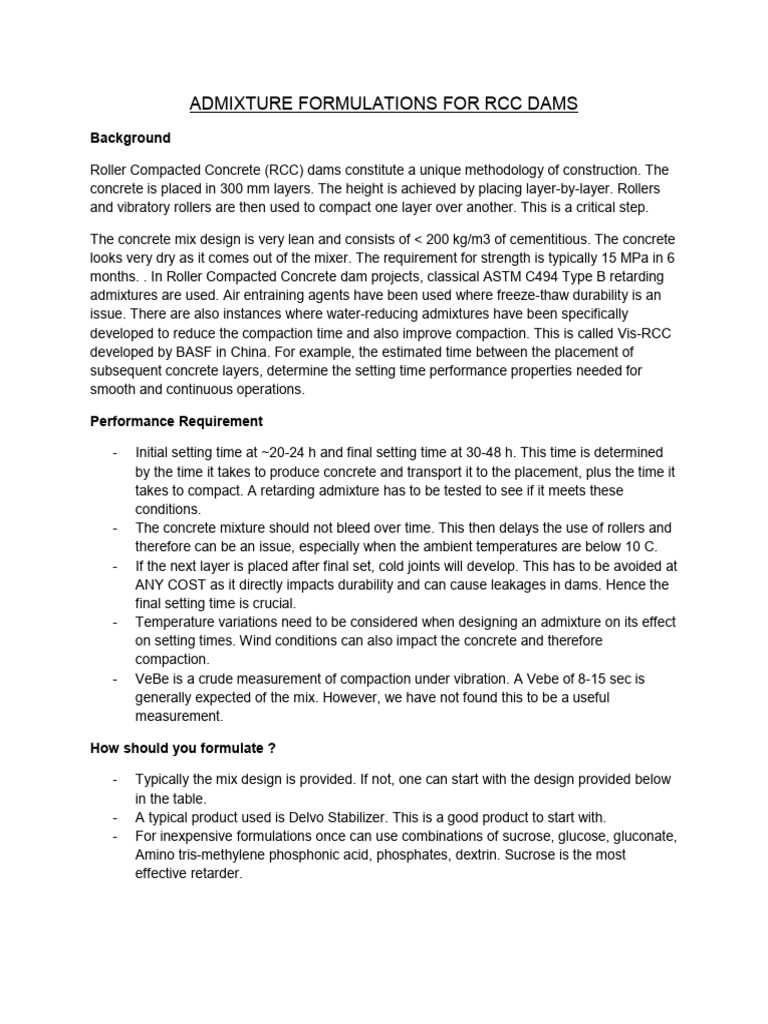 RCC Dam Admixture Formulations | PDF | Materials | Structural Engineering