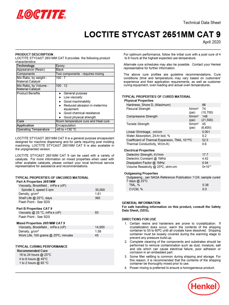 Loctite Stycast 2651MM Cat 9 TDS 1 | PDF | Viscosity | Epoxy