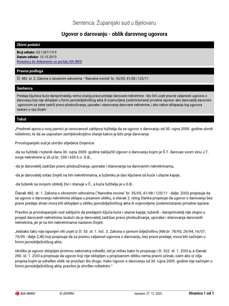SP Sentenca - Ugovor o Darovanju - Oblik Darovnog Ugovora - Kada Ne Postoji Prava Predaja ...