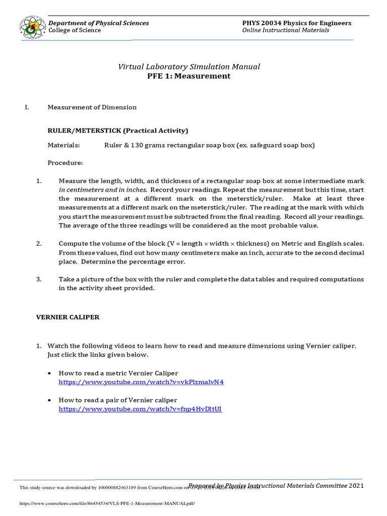 PFE 1 Measurement Experiment Manual | PDF | Measurement | Weighing Scale
