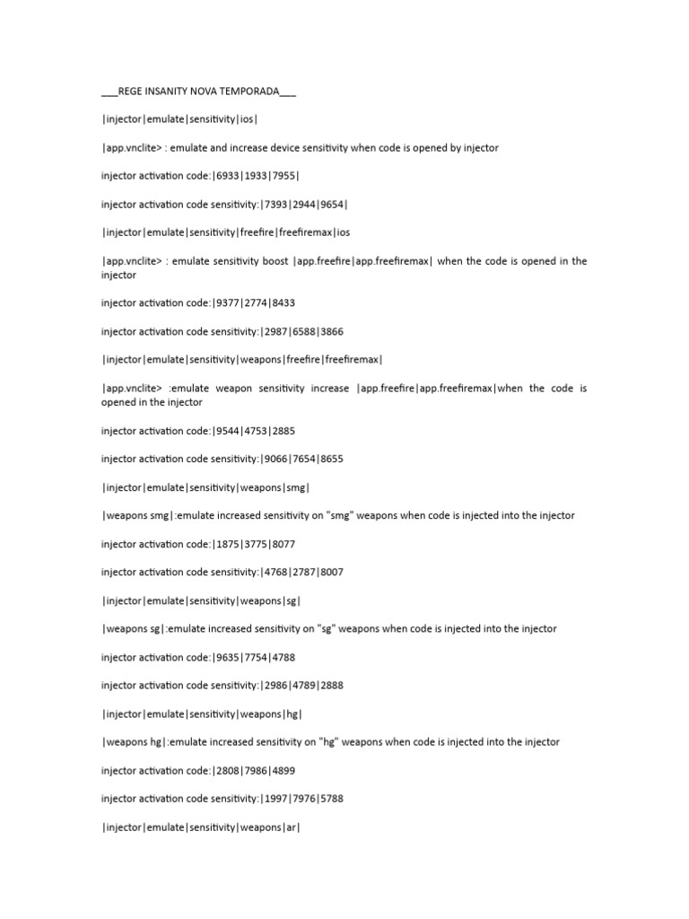 Free Fire Injector Sensitivity Codes | PDF