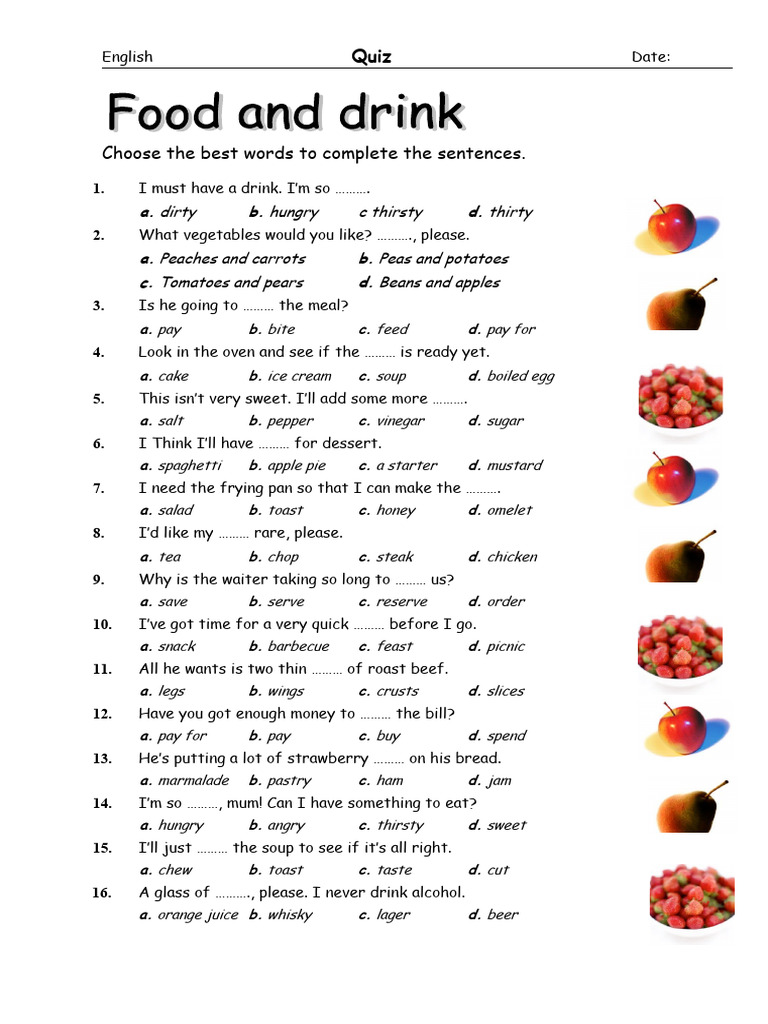 Food and Drink Vocabulary Quiz | PDF