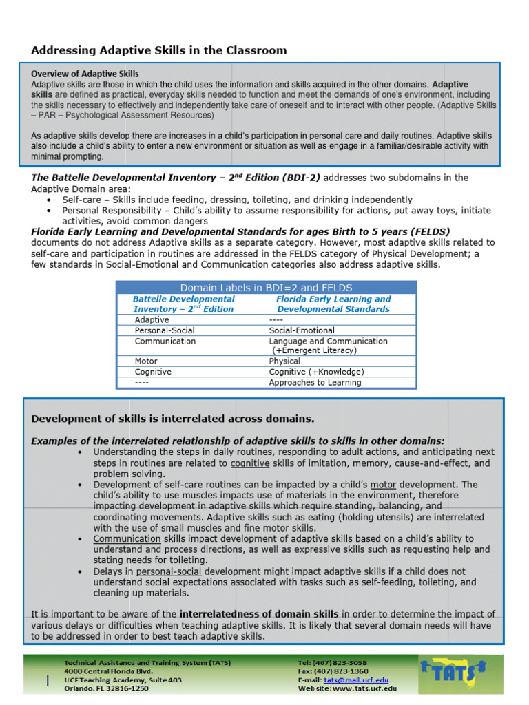 Adaptive Skill in The Classroom Overview | PDF | Developmental ...