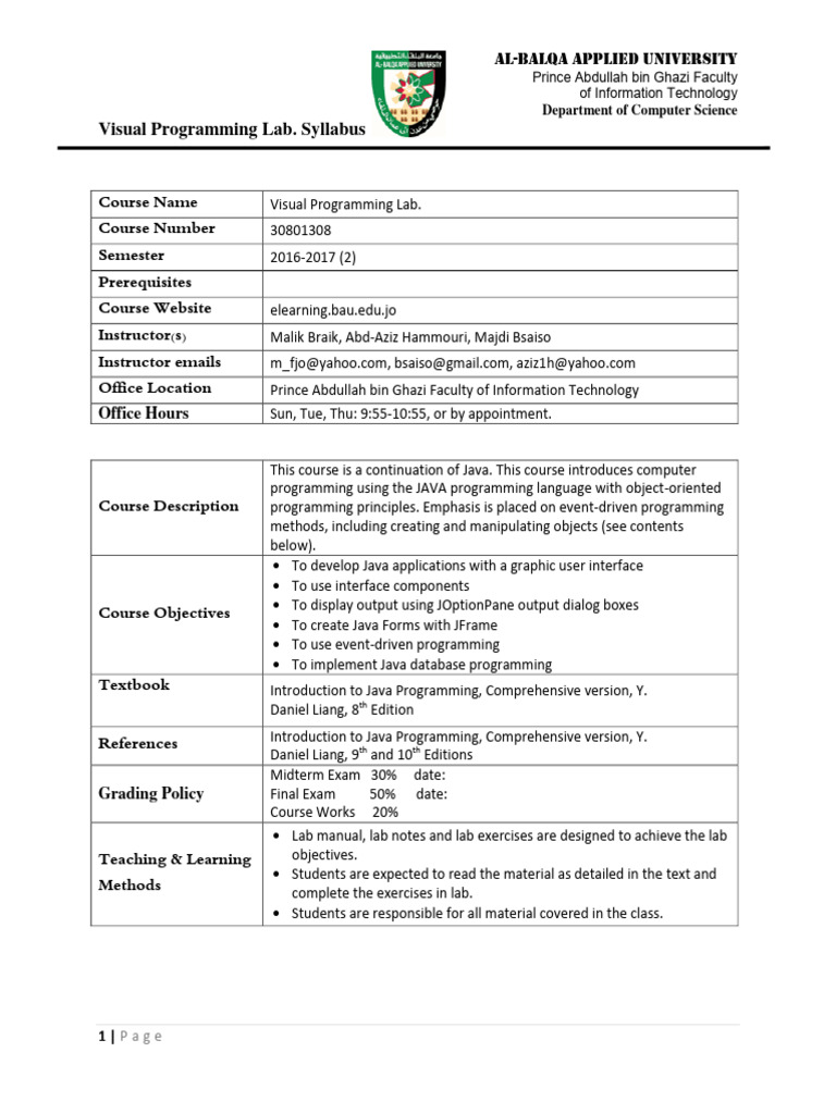 Visual Programming Lab. Syllabus | PDF | Computer Programming | Graphical User Interfaces